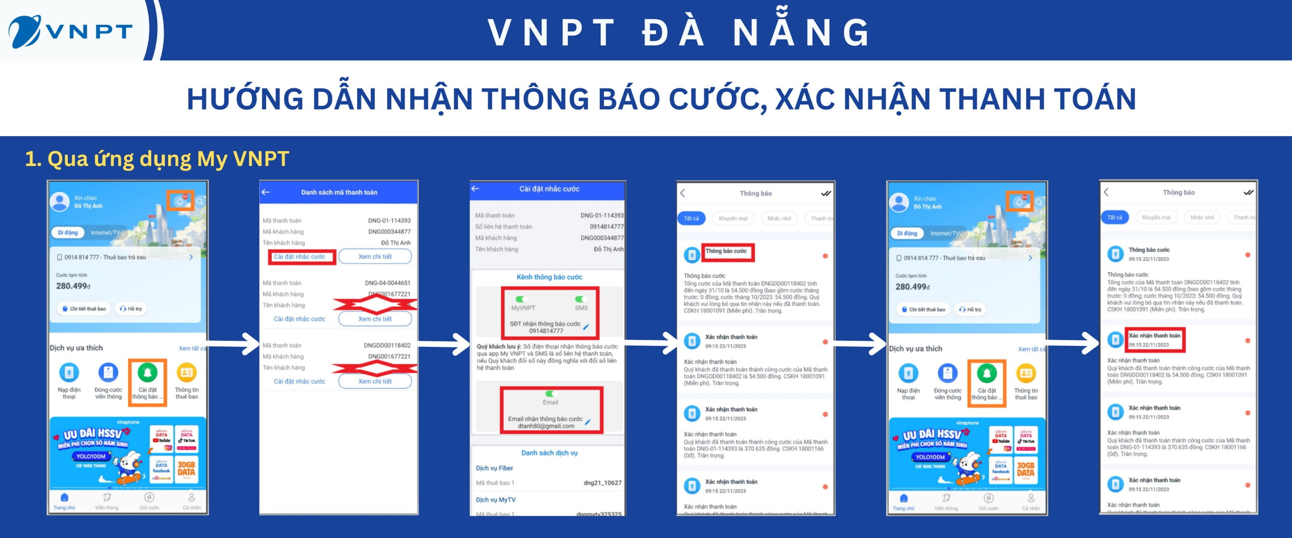 Hướng dẫn nhận thông báo cước, xác nhận thanh toán - VNPT Đà Nẵng